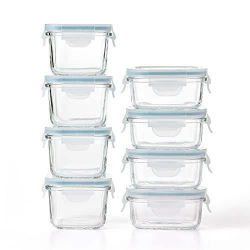 GLASSLOCK Mini Reusable 5 Ounce Rectangular and 7 Ounce Square Tempered Glass Food Storage Container Set for Fridge and Freezer, 8 Piece Set