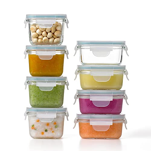 GLASSLOCK Mini Reusable 5 Ounce Rectangular and 7 Ounce Square Tempered Glass Food Storage Container Set for Fridge and Freezer, 8 Piece Set