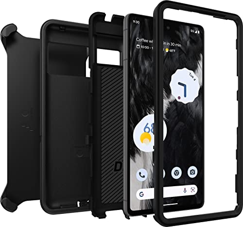 OtterBox Google Pixel 7 Defender Series Case - BLACK, rugged & durable, with port protection, includes holster clip kickstand