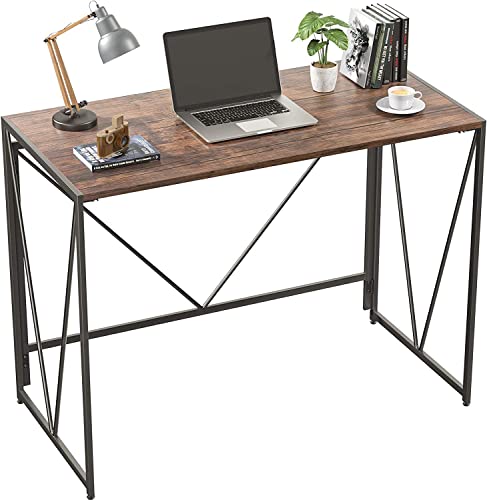 Folding Computer Desk 39 Inch, Foldable Study Writing Desk for Small Space, Small Foldable Table Home Office No Assembly, Brown