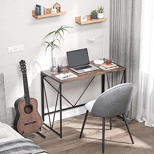 Folding Computer Desk 39 Inch, Foldable Study Writing Desk for Small Space, Small Foldable Table Home Office No Assembly, Brown