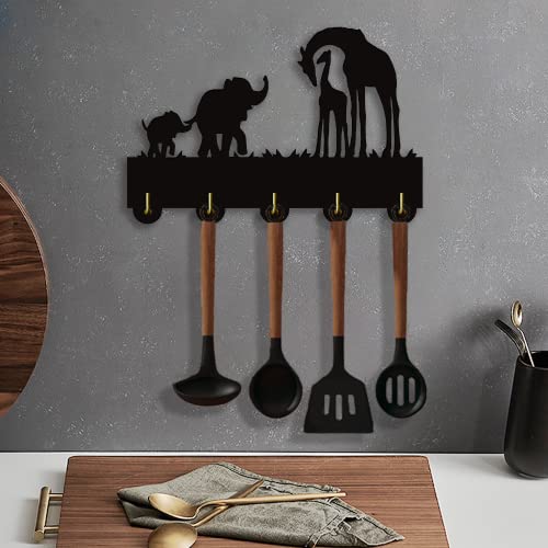 SCITOY Giraffe Key Hooks, Animal Theme Wall Mount Organizer, Wooden Key Holder with 5 Metal Hooks,19 * 29 * 3cm Black Home Decoration for Storage, Living Room, Hallway, Office… (Giraffe and Elephant)