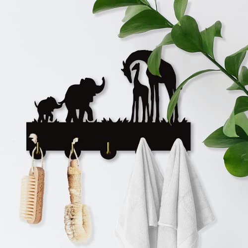 SCITOY Giraffe Key Hooks, Animal Theme Wall Mount Organizer, Wooden Key Holder with 5 Metal Hooks,19 * 29 * 3cm Black Home Decoration for Storage, Living Room, Hallway, Office… (Giraffe and Elephant)