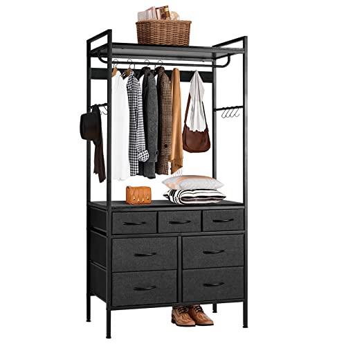 FUQARHY Freestanding Closet Organizer for Bedroom with Hooks, Clothes Garment Rack with 7 Drawers, Heavy Duty Clothes Shelf with Hanging Rod for Shoe Storage Wardrobe Clothes