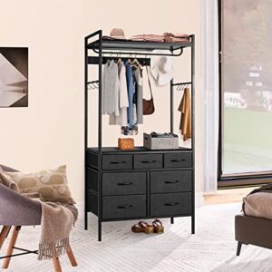 FUQARHY Freestanding Closet Organizer for Bedroom with Hooks, Clothes Garment Rack with 7 Drawers, Heavy Duty Clothes Shelf with Hanging Rod for Shoe Storage Wardrobe Clothes