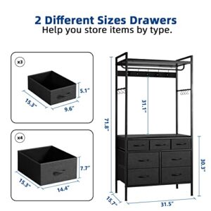 FUQARHY Freestanding Closet Organizer for Bedroom with Hooks, Clothes Garment Rack with 7 Drawers, Heavy Duty Clothes Shelf with Hanging Rod for Shoe Storage Wardrobe Clothes