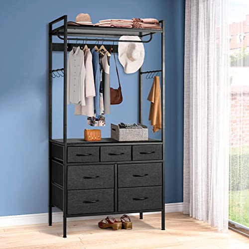 FUQARHY Freestanding Closet Organizer for Bedroom with Hooks, Clothes Garment Rack with 7 Drawers, Heavy Duty Clothes Shelf with Hanging Rod for Shoe Storage Wardrobe Clothes