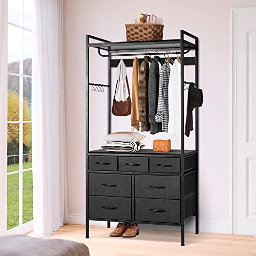 FUQARHY Freestanding Closet Organizer for Bedroom with Hooks, Clothes Garment Rack with 7 Drawers, Heavy Duty Clothes Shelf with Hanging Rod for Shoe Storage Wardrobe Clothes