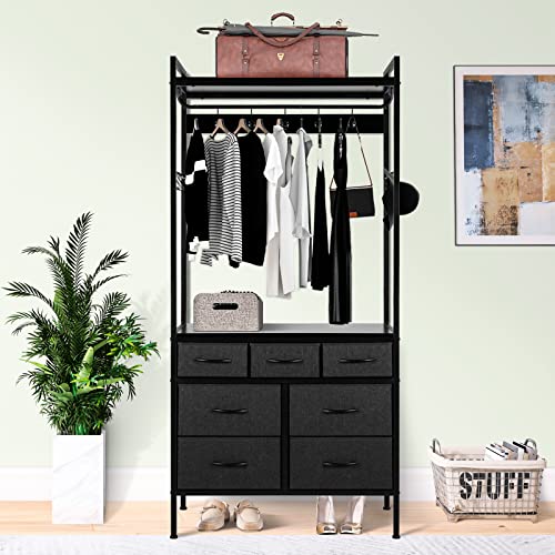 FUQARHY Freestanding Closet Organizer for Bedroom with Hooks, Clothes Garment Rack with 7 Drawers, Heavy Duty Clothes Shelf with Hanging Rod for Shoe Storage Wardrobe Clothes