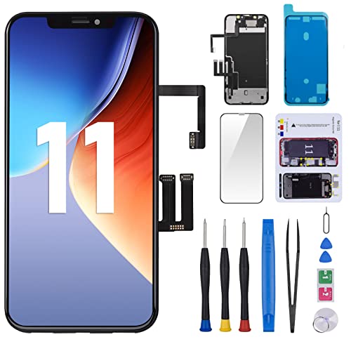 for iPhone 11 Screen Replacement 6.1” with Ear Speaker and Sensor Kit Full Assembly, 3D Touch LCD Display Digitizer Fix Tools with Magnetic Screw Mat Front Earpiece Repair HD Glass A2111, A2223, A2221