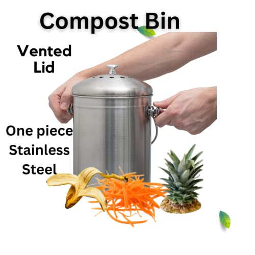 Gramp's Lamp Stainless Steel Compost Bin Kitchen Countertop-1.3 Gallon Seamless Rust-Resistant, Odourless, Organic Waste Compost Bucket/Pail - Complete with Charcoal Filters