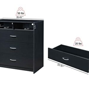 Hodedah 3-Drawer 1-Open Shelf 2 Compartments Dresser, Black