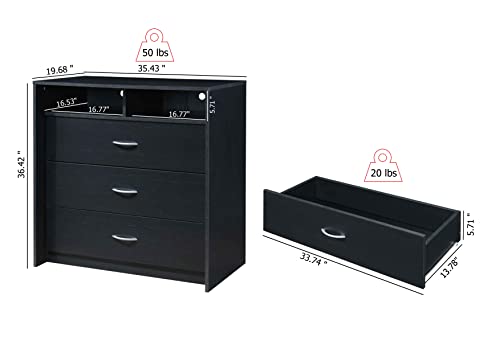 Hodedah 3-Drawer 1-Open Shelf 2 Compartments Dresser, Black