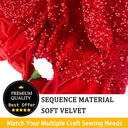 FANPROMS Red Sequin Fabric 1 Yard Velvet Sequins Fabric by The Yard Reversible Fabric for Bridal Shower Mesh Sequins Glitter Fabric for Craft DIY Tablecloth Linen Fabric Spandex Material for Prom