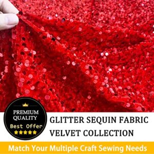 FANPROMS Red Sequin Fabric 1 Yard Velvet Sequins Fabric by The Yard Reversible Fabric for Bridal Shower Mesh Sequins Glitter Fabric for Craft DIY Tablecloth Linen Fabric Spandex Material for Prom