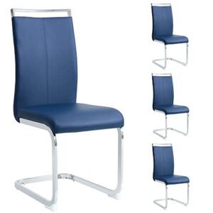 azmac modern leather dining chairs set of 4,armless kitchen chairs,dining room chairs with upholstered padded seat and sturdy chrome legs for dining room,kitchen (set of 4, blue+pu leather)