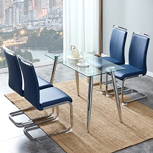 AZmac Modern Leather Dining Chairs Set of 4,Armless Kitchen Chairs,Dining Room Chairs with Upholstered Padded Seat and Sturdy Chrome Legs for Dining Room,Kitchen (Set of 4, Blue+PU Leather)