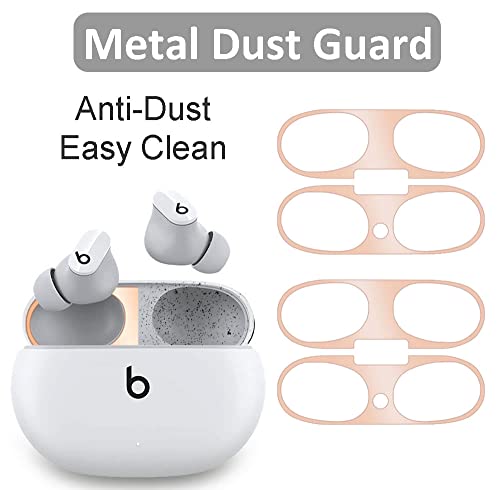 Dust Guard Ear Tips Kit Compatible with Beats Studio Buds, 2 Ultra Thin Dust Proof Metallic Stickers Cover and 6 Pairs Replacement Eartips Compatible with Beats Studio Buds - S/M/L Rose Gold