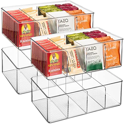 Sorbus Storage Bins with Dividers - Clear Plastic Organizer - Store Tea Bags, Spices, Seasonings, Drink Packets, Oatmeal - Snack Storage & Display Containers for Kitchen & Pantry (4 Pack)