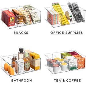 Sorbus Storage Bins with Dividers - Clear Plastic Organizer - Store Tea Bags, Spices, Seasonings, Drink Packets, Oatmeal - Snack Storage & Display Containers for Kitchen & Pantry (4 Pack)