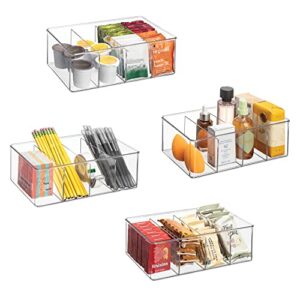 Sorbus Storage Bins with Dividers - Clear Plastic Organizer - Store Tea Bags, Spices, Seasonings, Drink Packets, Oatmeal - Snack Storage & Display Containers for Kitchen & Pantry (4 Pack)