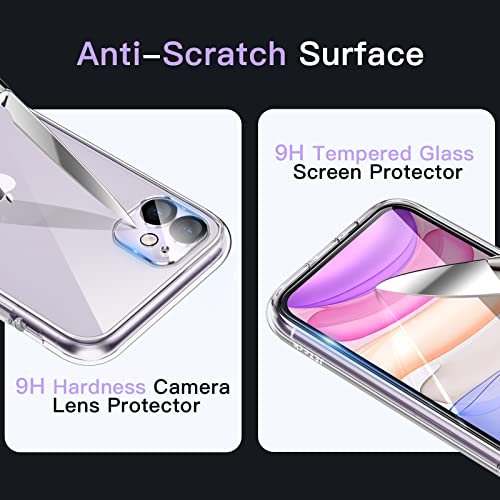 JETech 3 in 1 Case for iPhone 11 6.1-Inch, with 2-Pack Screen Protector and 2-Pack Camera Lens Protector, Non-Yellowing Shockproof Bumper Phone Cover, Full Coverage Tempered Glass Film (Clear)