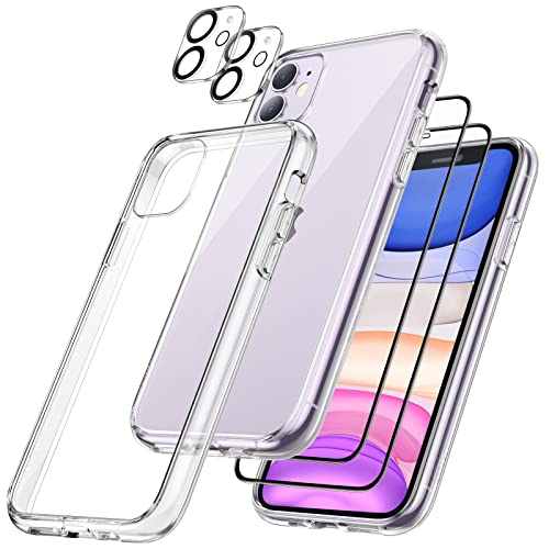 JETech 3 in 1 Case for iPhone 11 6.1-Inch, with 2-Pack Screen Protector and 2-Pack Camera Lens Protector, Non-Yellowing Shockproof Bumper Phone Cover, Full Coverage Tempered Glass Film (Clear)