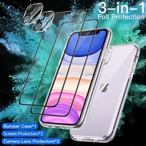 JETech 3 in 1 Case for iPhone 11 6.1-Inch, with 2-Pack Screen Protector and 2-Pack Camera Lens Protector, Non-Yellowing Shockproof Bumper Phone Cover, Full Coverage Tempered Glass Film (Clear)