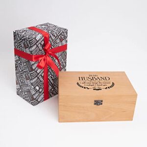 Anniversary Present for Husband from Wife Whiskey Stones & 2 Glasses Gift Set for Whiskey Lovers. Whiskey Set, Gift Wrapped Handmade Wood Box. Birthday Gift for Him Wedding Anniversary Set for Couples