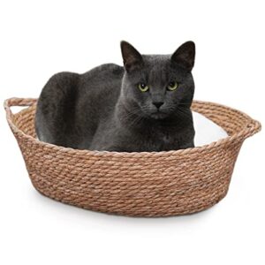 mewmewland natural cat wicker bed basket, handmade braided cattail leaf kitten bed with soft cushion medium oval