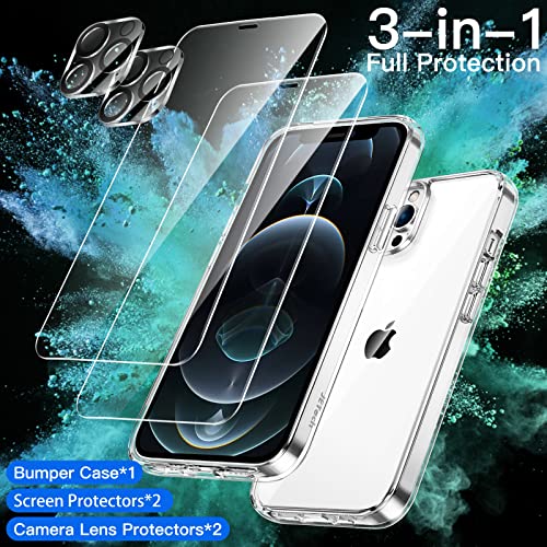 JETech 3 in 1 Case for iPhone 12 Pro Max 6.7-Inch, with 2-Pack Screen Protector and Camera Lens Protector, Non-Yellowing Shockproof Bumper Phone Cover, Full Coverage Tempered Glass Film (Clear)