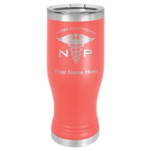 lasergram 20oz vacuum insulated pilsner mug, np nurse practitioner, personalized engraving included (coral)