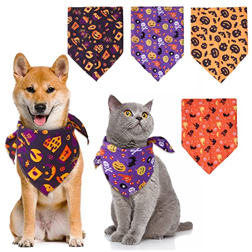 4 Pack Halloween Dog Bandanas, Pet Holiday Pumpkin Bat Ghost Themed Pattern Triangle Bibs Dog Fall Scarf Accessories Premium Durable Fabric Washable Cotton Pet Neckerchief for Pets Cats Dogs Costume