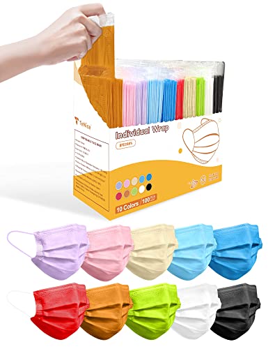 TeNice Masks Disposable 100 Pack, Individually Wrapped Colorful 4 Ply Face Mask for Adults Extra Protection, ASTM Level 3 Medical Grade with 10 Vibrant Colors