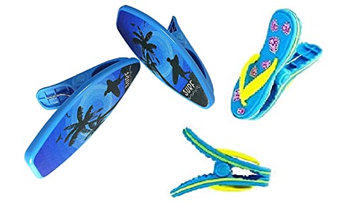 2 Set (4 Ct) Blue Flipflops / Blue Surfboard Beach Towel Clips Jumbo Size for Beach Chair, Cruise Beach Patio, Pool Accessories for Chairs, Household Clip, Baby Stroller