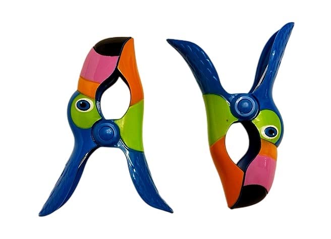 2 Set (4 Ct) Blue Toucan/Dolphin Beach Towel Clips Jumbo Size for Beach Chair, Cruise Beach Patio, Pool Accessories for Chairs, Household Clip, Baby Stroller