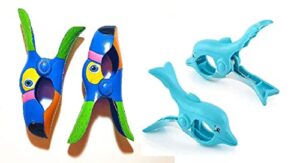 2 set (4 ct) blue toucan/dolphin beach towel clips jumbo size for beach chair, cruise beach patio, pool accessories for chairs, household clip, baby stroller