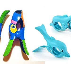 2 Set (4 Ct) Blue Toucan/Dolphin Beach Towel Clips Jumbo Size for Beach Chair, Cruise Beach Patio, Pool Accessories for Chairs, Household Clip, Baby Stroller