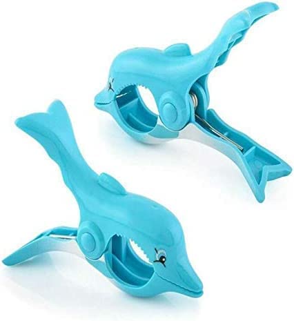 2 Set (4 Ct) Blue Toucan/Dolphin Beach Towel Clips Jumbo Size for Beach Chair, Cruise Beach Patio, Pool Accessories for Chairs, Household Clip, Baby Stroller