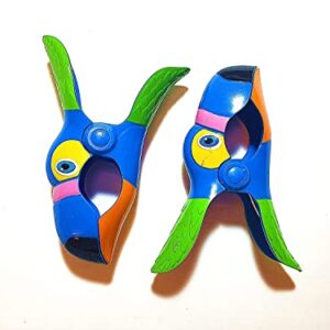 2 Set (4 Ct) Blue Toucan/Dolphin Beach Towel Clips Jumbo Size for Beach Chair, Cruise Beach Patio, Pool Accessories for Chairs, Household Clip, Baby Stroller