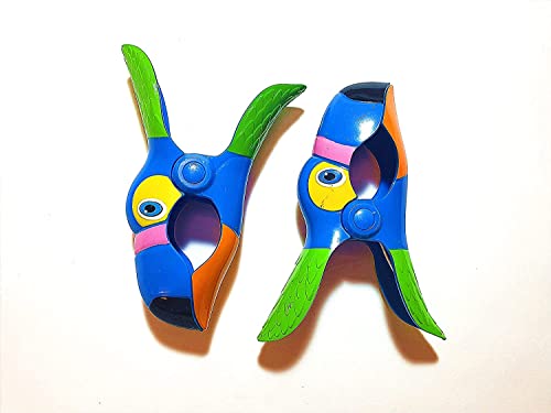 2 Set (4 Ct) Blue Toucan/Dolphin Beach Towel Clips Jumbo Size for Beach Chair, Cruise Beach Patio, Pool Accessories for Chairs, Household Clip, Baby Stroller