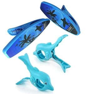 2 set (4 ct) blue surfboard / dolphin beach towel clips jumbo size for beach chair, cruise beach patio, pool accessories for chairs, household clip, baby stroller