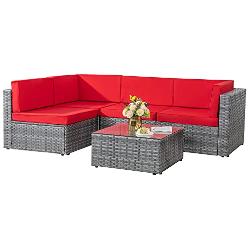 Shintenchi 5 Pieces Outdoor Patio Sectional Sofa Couch, Silver Gray PE Wicker Furniture Conversation Sets with Washable Cushions & Glass Coffee Table for Garden, Poolside, Backyard (Red)