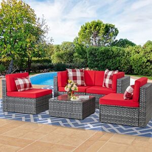 shintenchi 5 pieces outdoor patio sectional sofa couch, silver gray pe wicker furniture conversation sets with washable cushions & glass coffee table for garden, poolside, backyard (red)