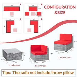 Shintenchi 5 Pieces Outdoor Patio Sectional Sofa Couch, Silver Gray PE Wicker Furniture Conversation Sets with Washable Cushions & Glass Coffee Table for Garden, Poolside, Backyard (Red)