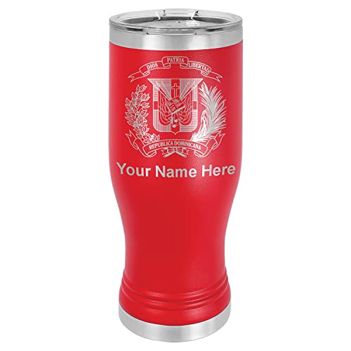 LaserGram 14oz Vacuum Insulated Pilsner Mug, Coat of Arms Dominican Republic, Personalized Engraving Included (Red)