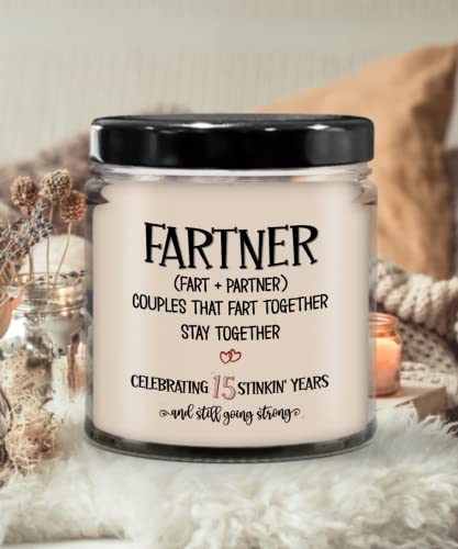 The Improper Mug Fartner 15 Years Anniversary Candle for Husband from Wife Couples Funny Fifteen Yr Together 15th Wedding Fart Jokes 9 Oz. Vanilla Scented Soy Wax for