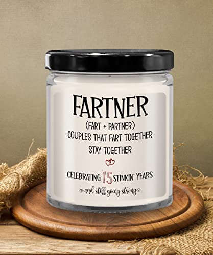 The Improper Mug Fartner 15 Years Anniversary Candle for Husband from Wife Couples Funny Fifteen Yr Together 15th Wedding Fart Jokes 9 Oz. Vanilla Scented Soy Wax for