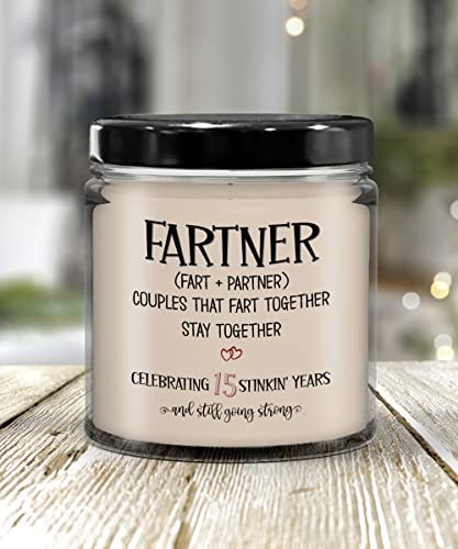 The Improper Mug Fartner 15 Years Anniversary Candle for Husband from Wife Couples Funny Fifteen Yr Together 15th Wedding Fart Jokes 9 Oz. Vanilla Scented Soy Wax for