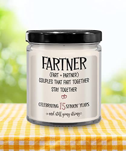 The Improper Mug Fartner 15 Years Anniversary Candle for Husband from Wife Couples Funny Fifteen Yr Together 15th Wedding Fart Jokes 9 Oz. Vanilla Scented Soy Wax for